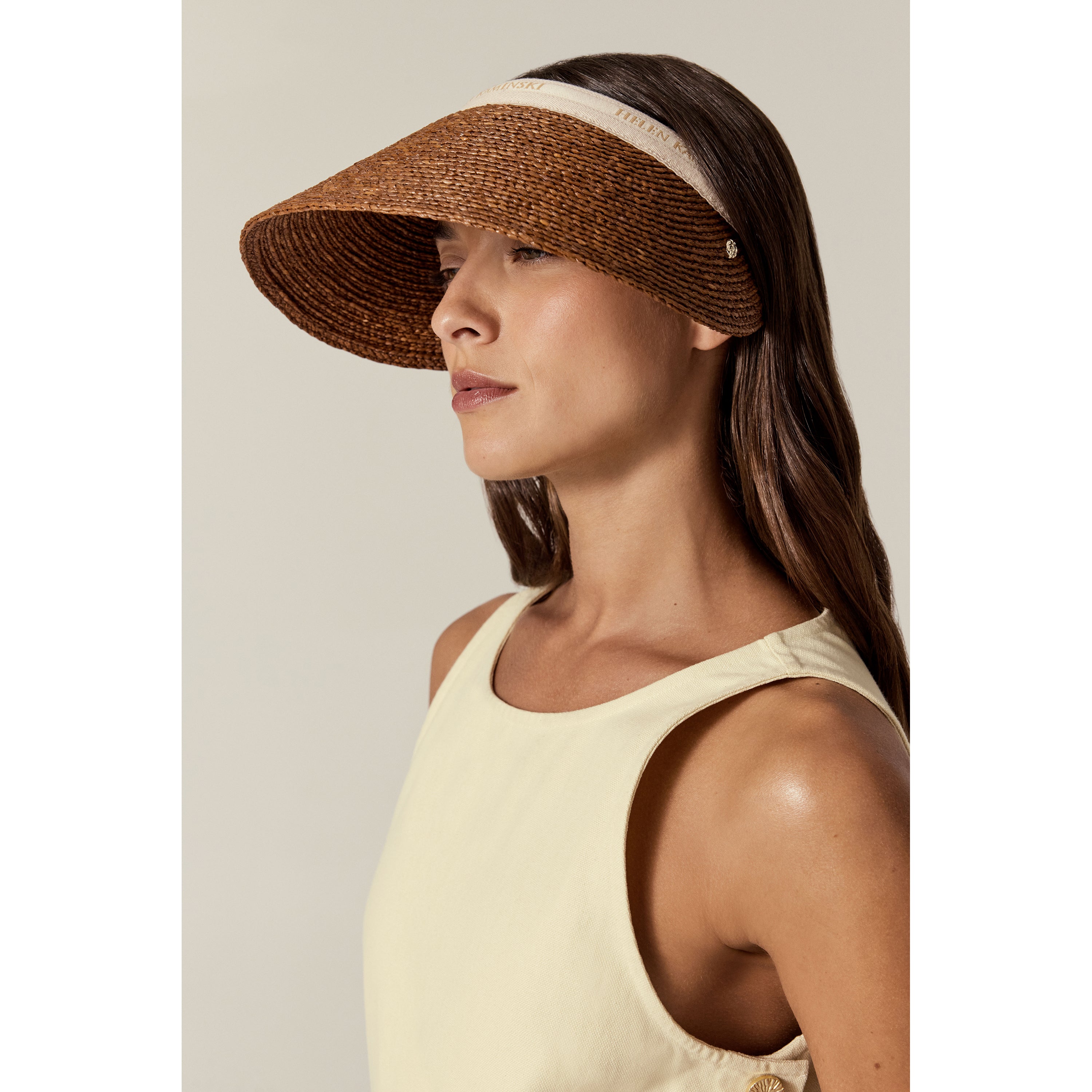 Bianca 12 Raffia Logo Visor - Nutshell/Natural Hat | Helen Kaminski AU